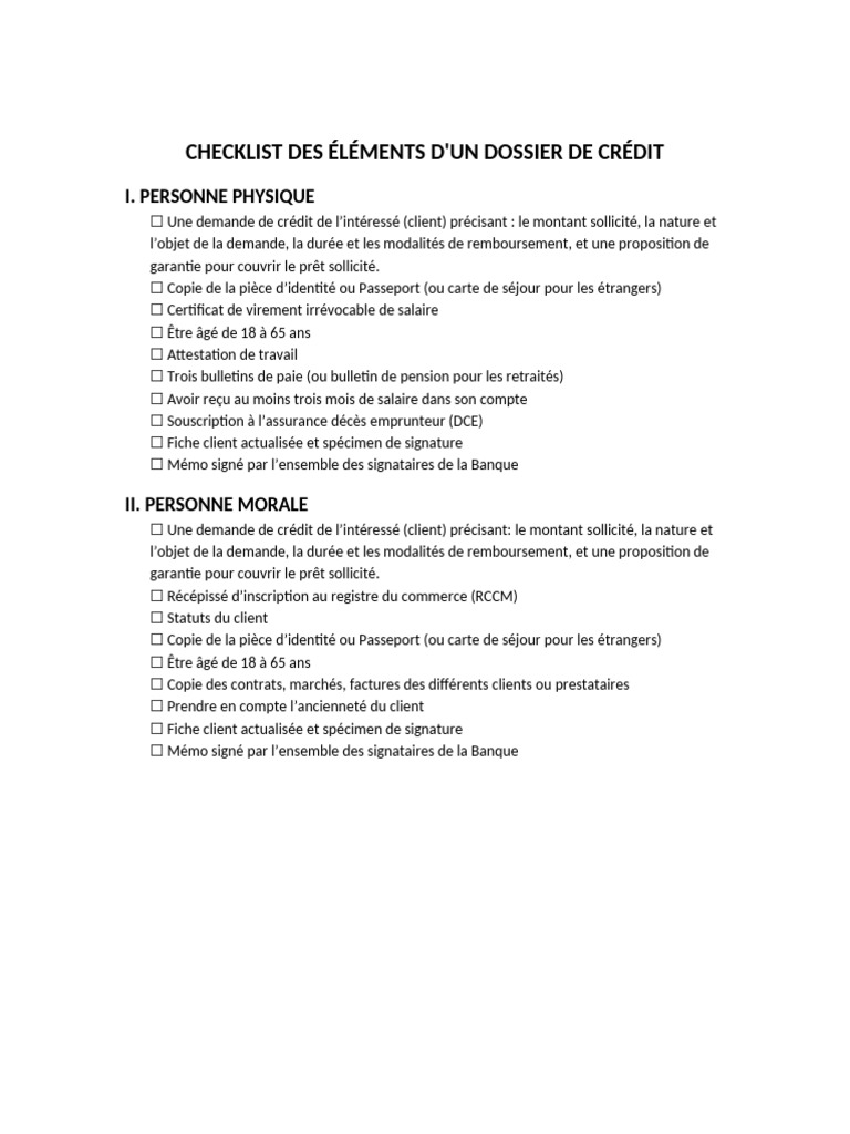 Checklist Dossier de Crédit Essentiel | PDF