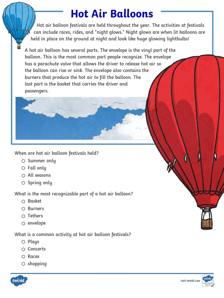Hot Air Balloons Reading Passage Comprehension Activity | PDF