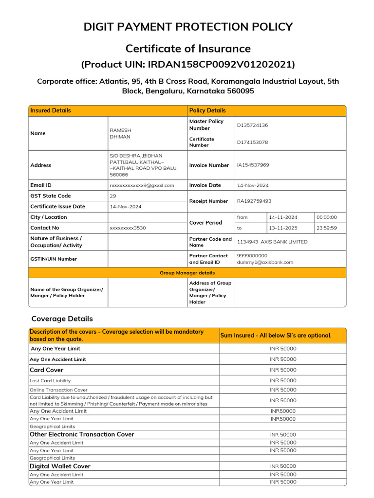 Digit Payment Protection Policy Certificate | PDF | Insurance | Emv
