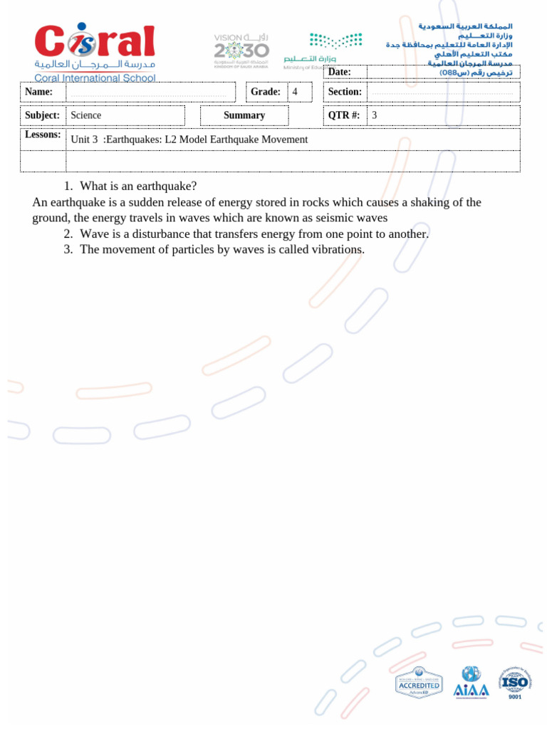 Unit 3:earthquakes: L2 Model Earthquake Movement: 4 Science 3 | PDF