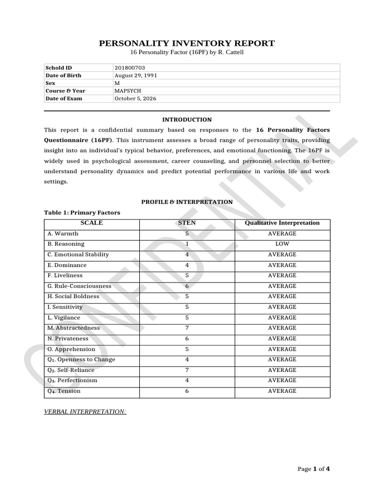 Template-for-16PF Profile Report | PDF | Human Development | Psychology