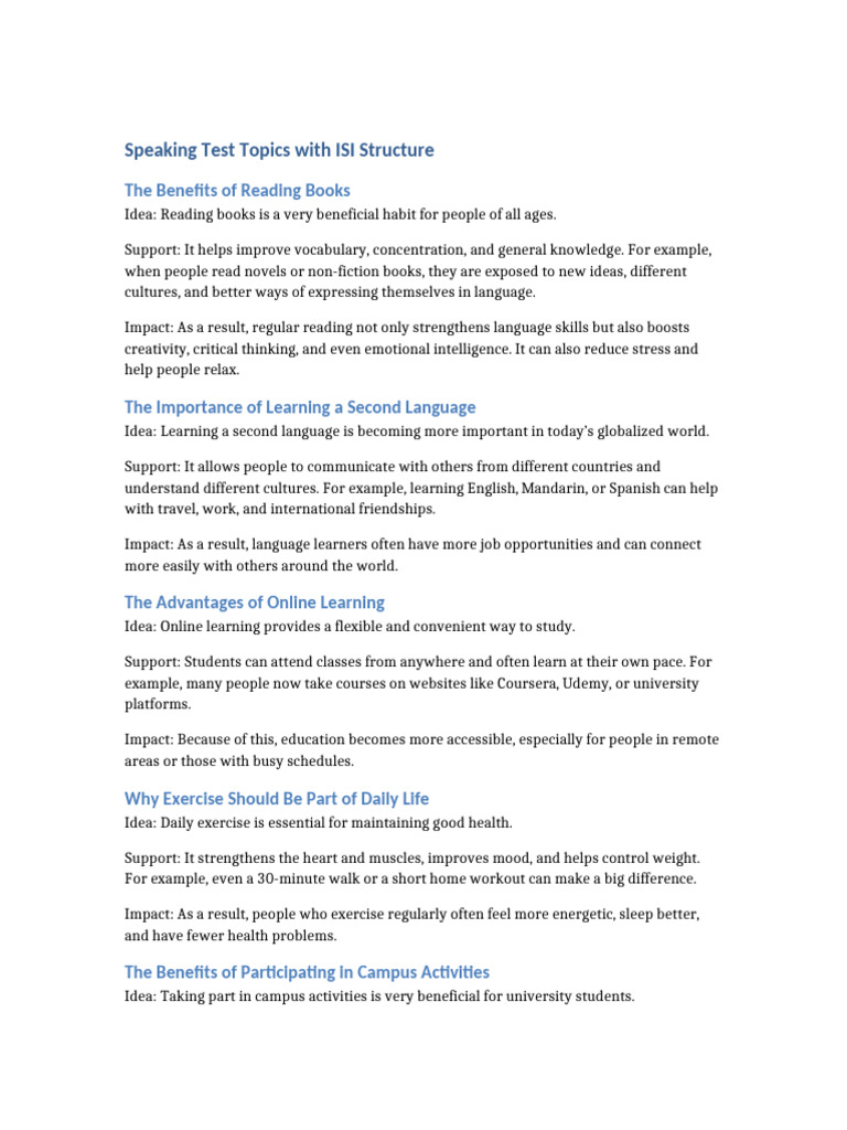 Essential Speaking Test Topics Guide | PDF | Learning | Educational ...