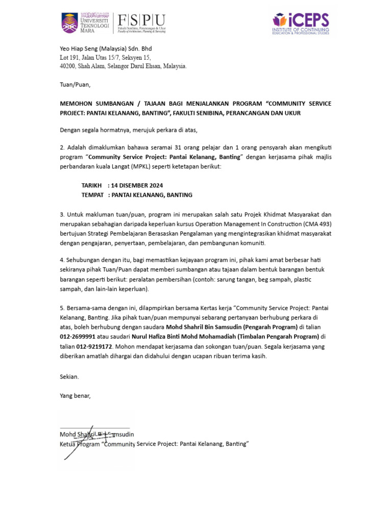 Surat Permohonan Sumbangan Tajaan | PDF