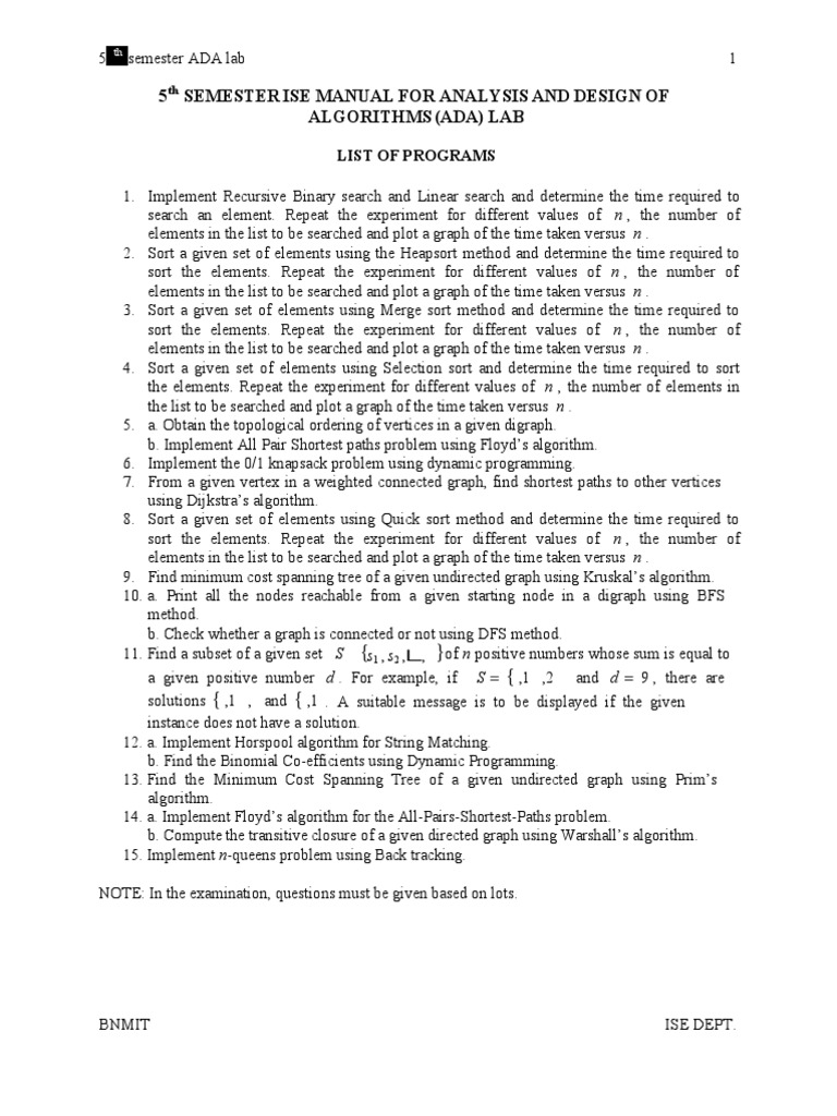 5th Sem ADA Manual | PDF | Subroutine | Vertex (Graph Theory)