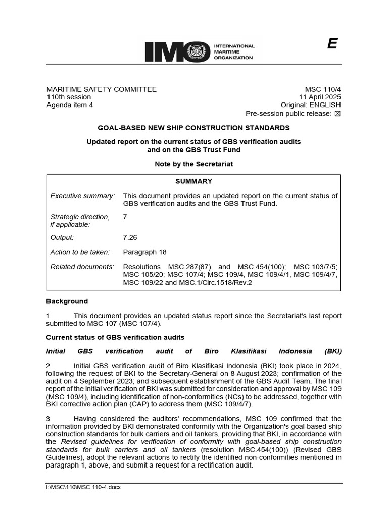 MSC 110-4 - Updated Report On The Current Status of GBS Verification ...