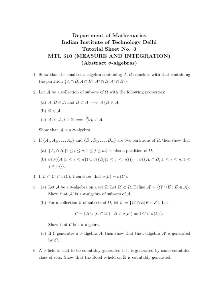 Department of Mathematics Indian Institute of Technology Delhi Tutorial Sheet No. 3 MTL 510 ...