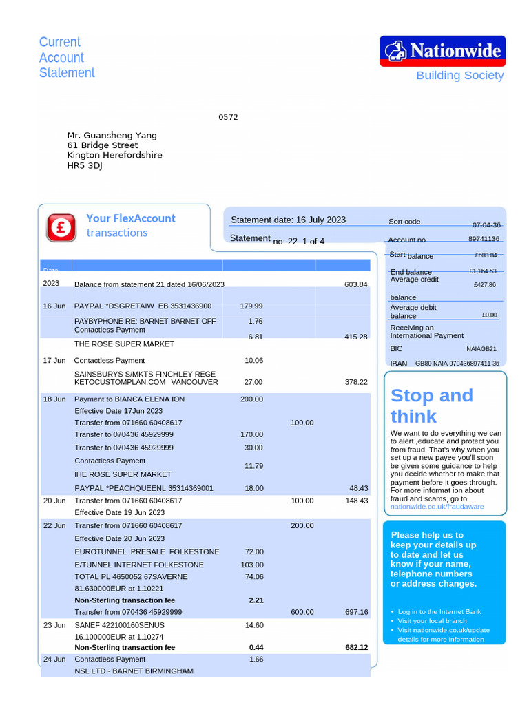 UK Nationwide Bank Statement | PDF | Overdraft | Interest