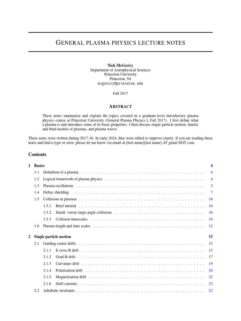 General Plasma Physics Notes McGreivy 0 | PDF | Plasma (Physics) | Force