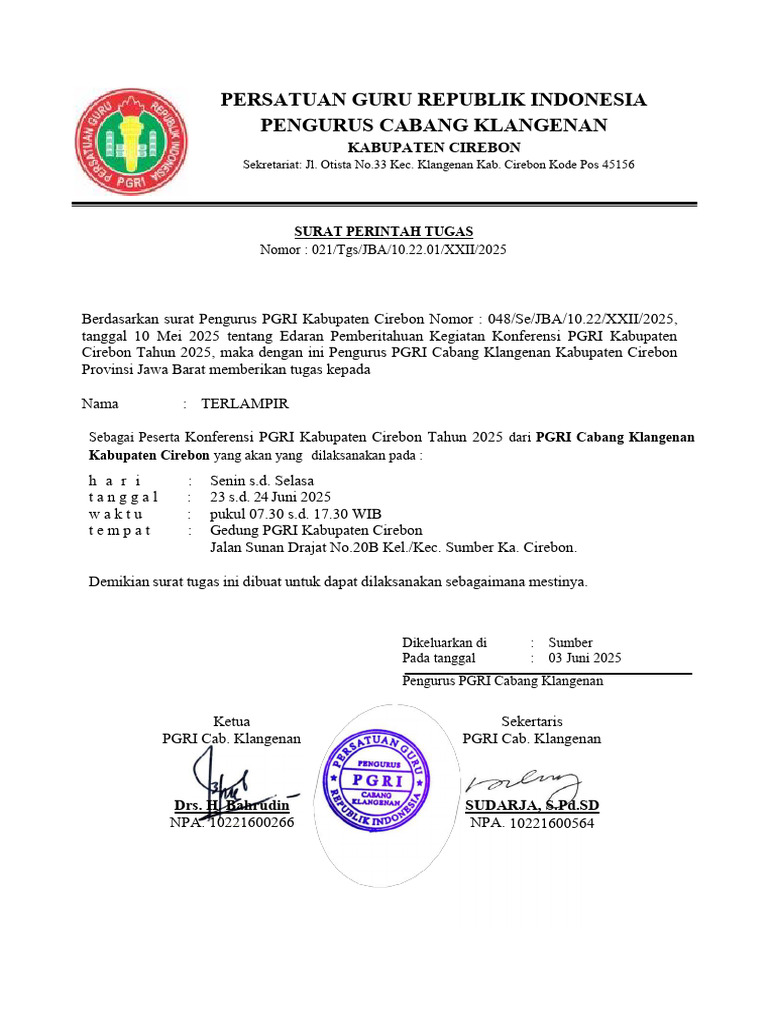 Surat Perintah Tugas Peserta KONKAB PGRI Cirebon Tahun 2025 | PDF
