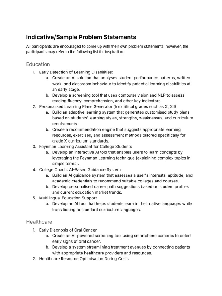 Hackathon - Indicative - Sample Problem Statements | PDF | Artificial ...