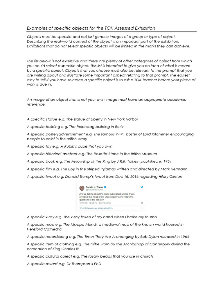 Examples of Specific Objects For The TOK Assessed Exhibition | PDF
