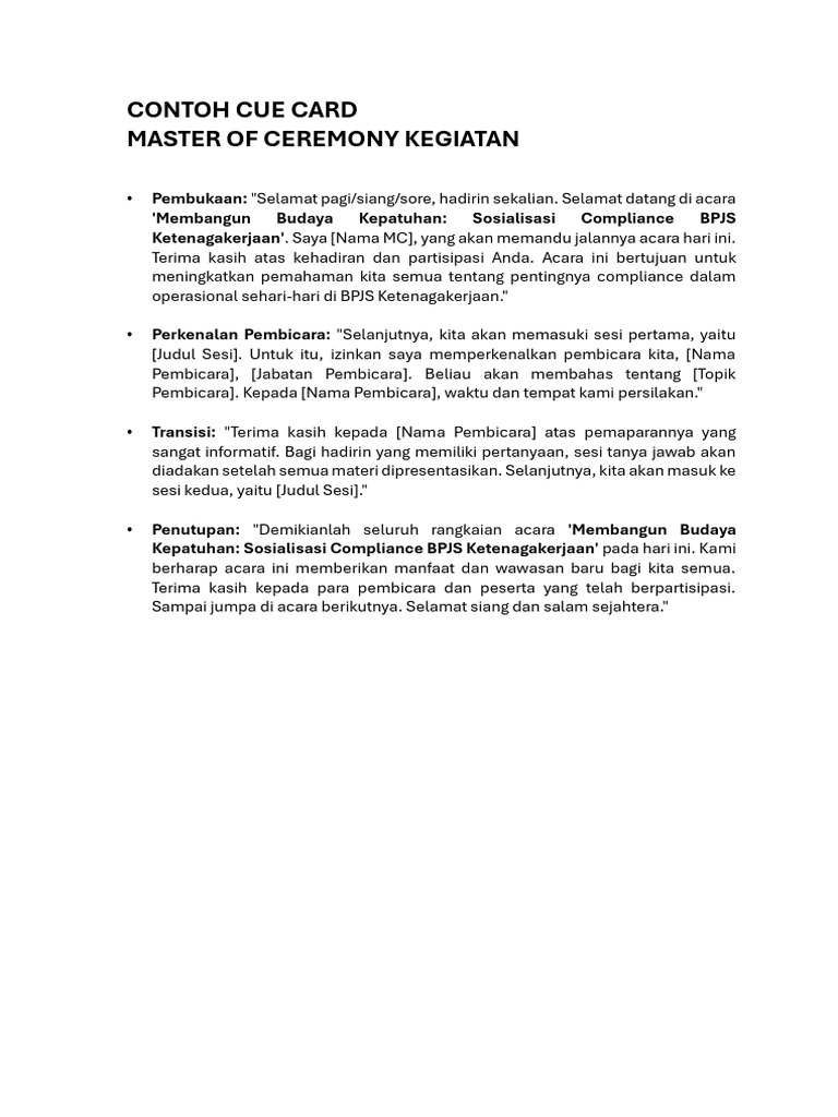 Contoh Cue Card MC Acara Sosialisasi | PDF