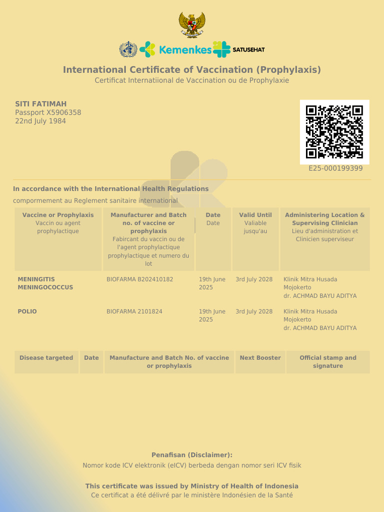 International Certificate of Vaccination (Prophylaxis) : Certificat ...
