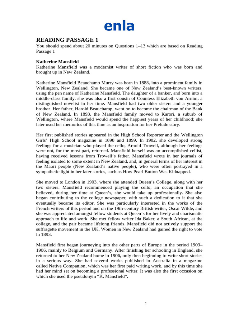 Reading Passage 1 - Real Tests | PDF | Katherine Mansfield