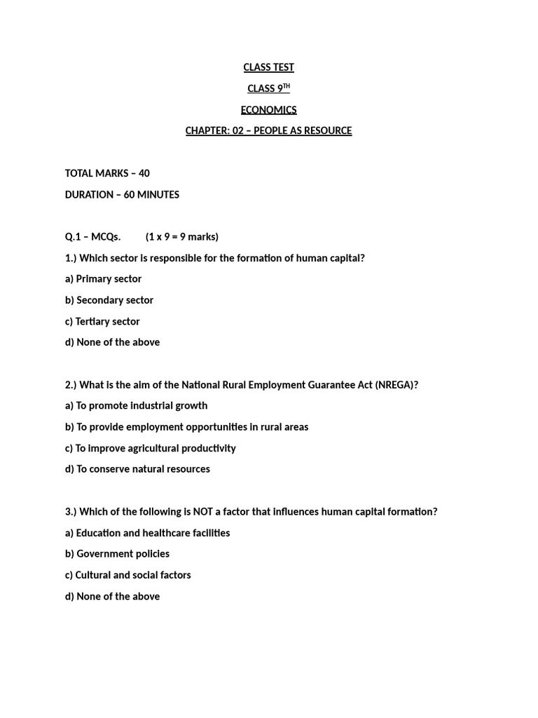 Eco CH 2 - 40 Marks - Class 9th | PDF | Human Capital | Unemployment
