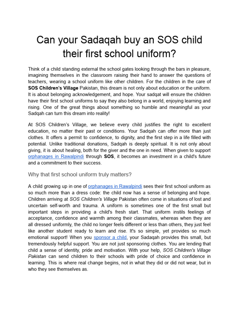 Can Your Sadaqah Buy An SOS Child Their First School Uniform. | PDF ...