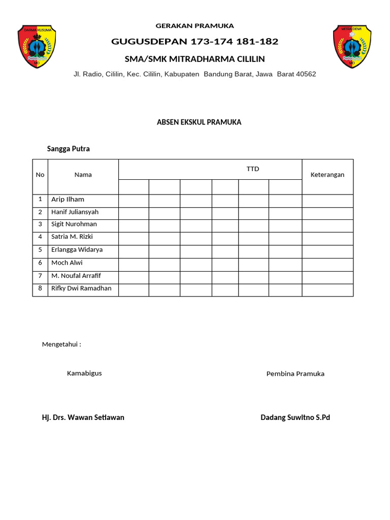 Absen Ekskul Pramuka Sangga Putra | PDF