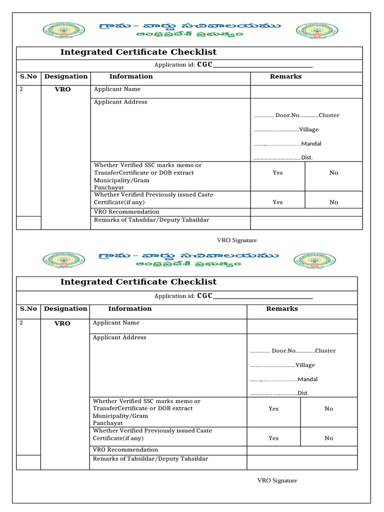 Integrated Check List For VRO | PDF | Government Of India