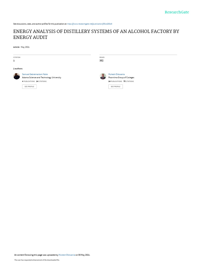Energy Analysis of Distillery Systems of An Alcohol Factory by Energy Audit | PDF | Distillation ...
