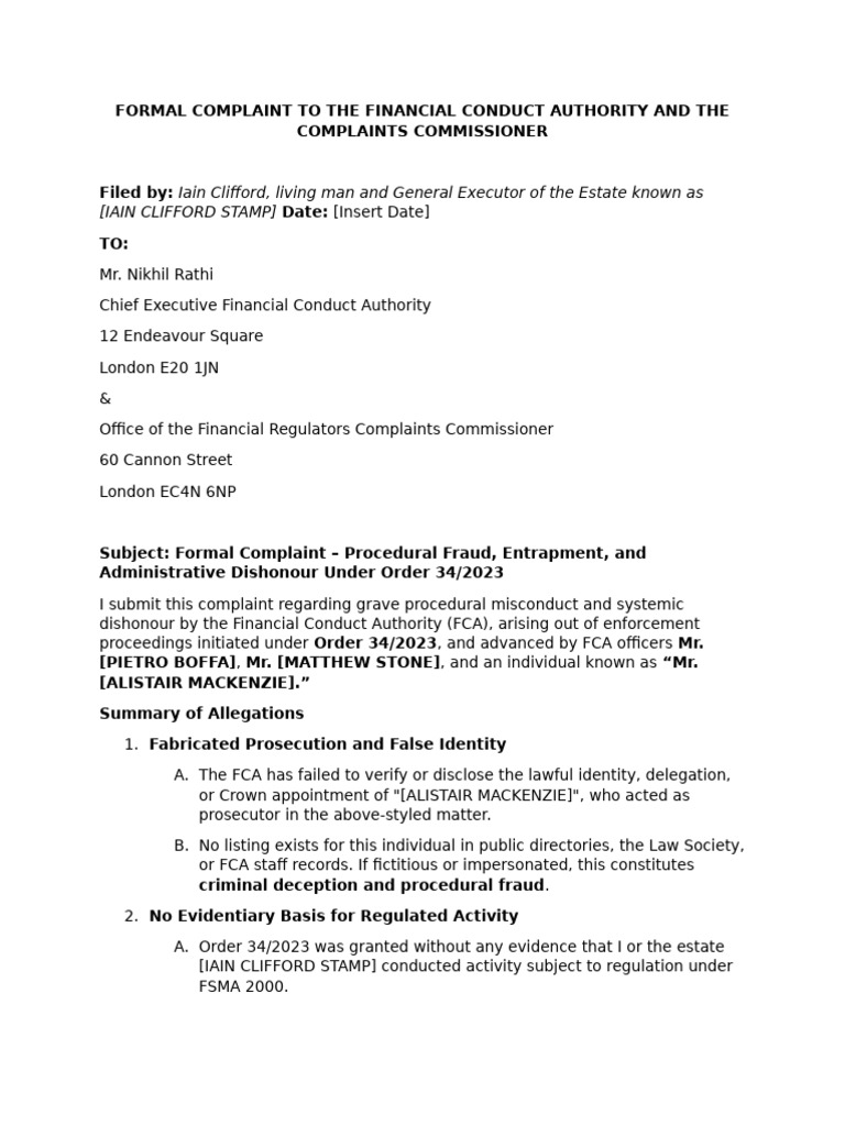 Formal Complaint To The Financial Conduct Authority and The Complaints ...