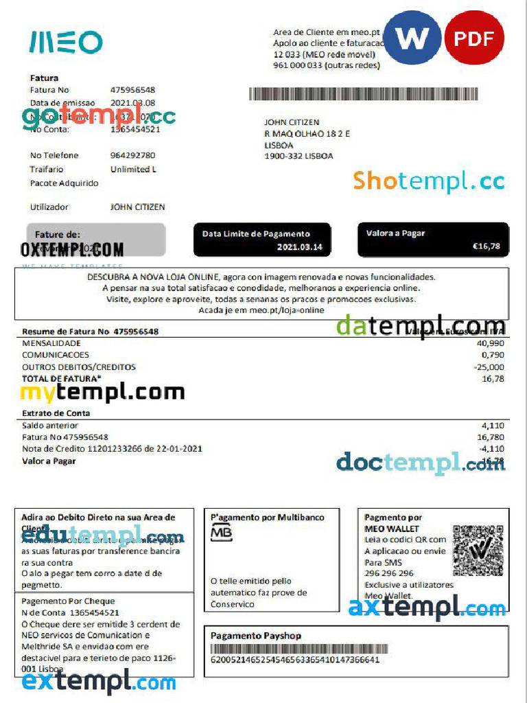 Doctempl - Portugal MEO Utility Bill Template in Word and PDF Format ...