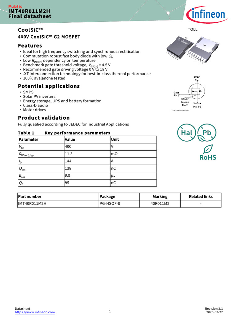 Infineon IMT40R011M2H DataSheet v02 01 en | PDF | Computer Engineering | Electrical Components