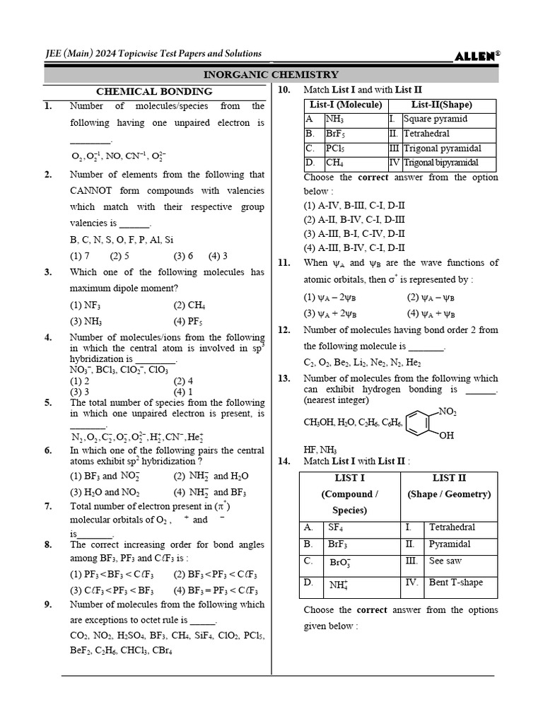 Inorganic Chemistry Chemical Bonding: 1. 10. List I List II List-I ...