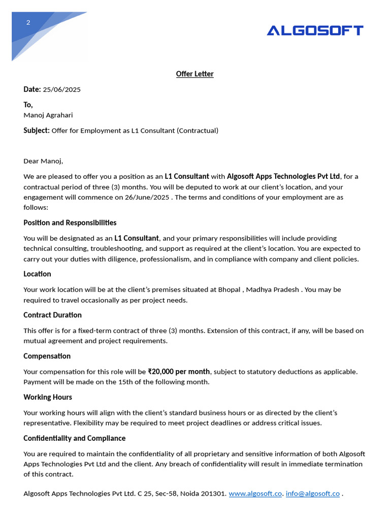 Manoj Agrahari Offer Letter | PDF | Justice | Crime & Violence