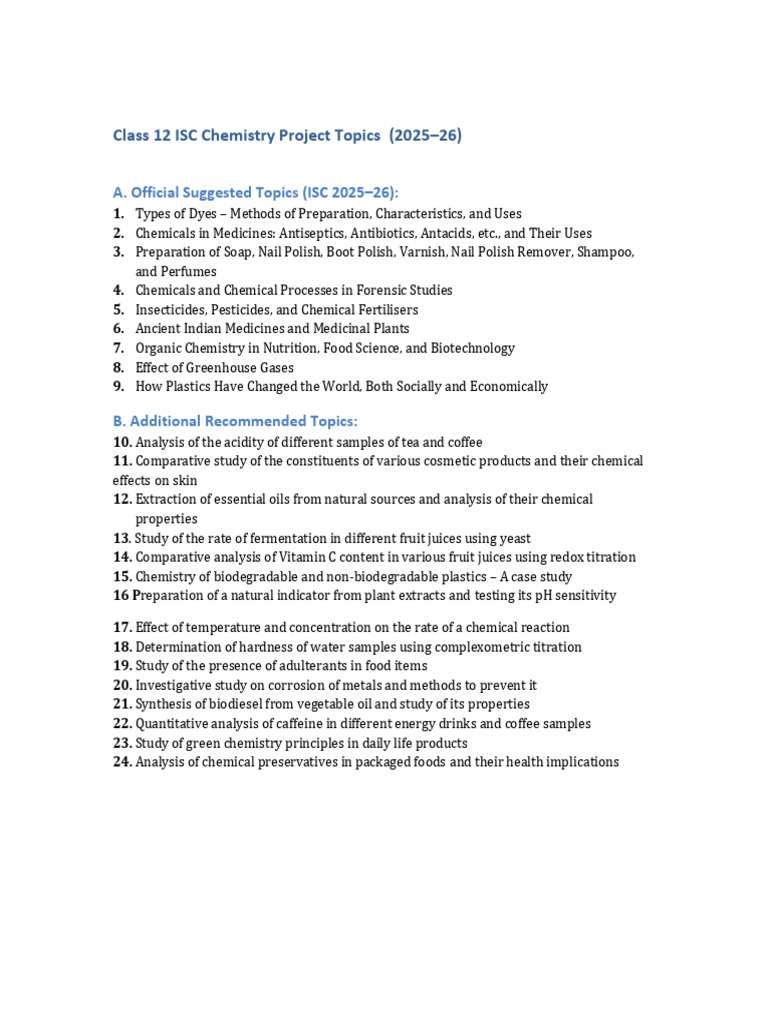 Merged ISC Chemistry Project Topics 2025 26 | PDF