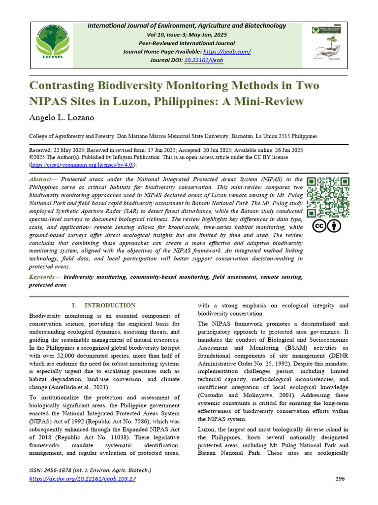 Contrasting Biodiversity Monitoring Methods in Two NIPAS Sites in Luzon ...