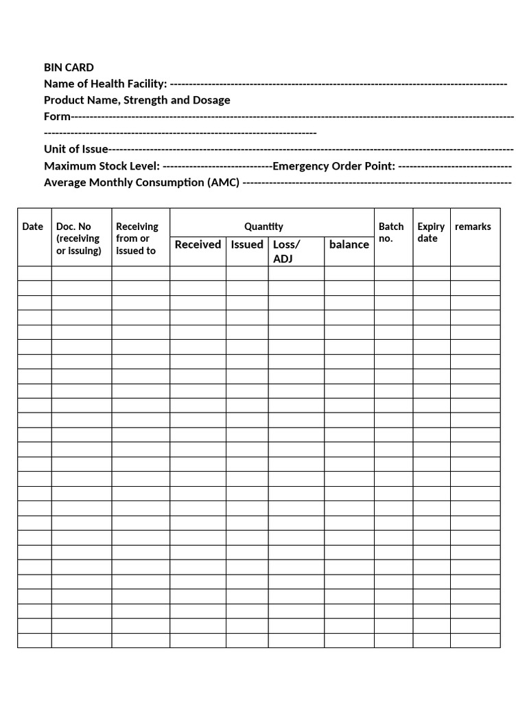 Health Facility Bin Card Template | PDF
