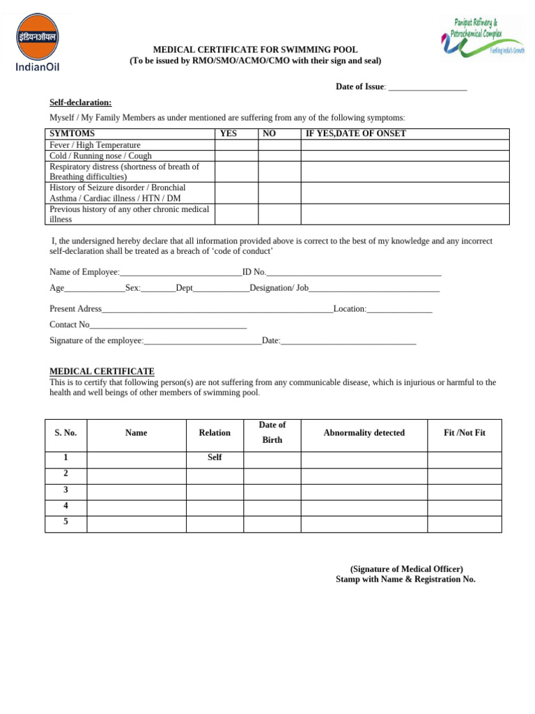 BMC Swimming Pool Medical Certificate | PDF