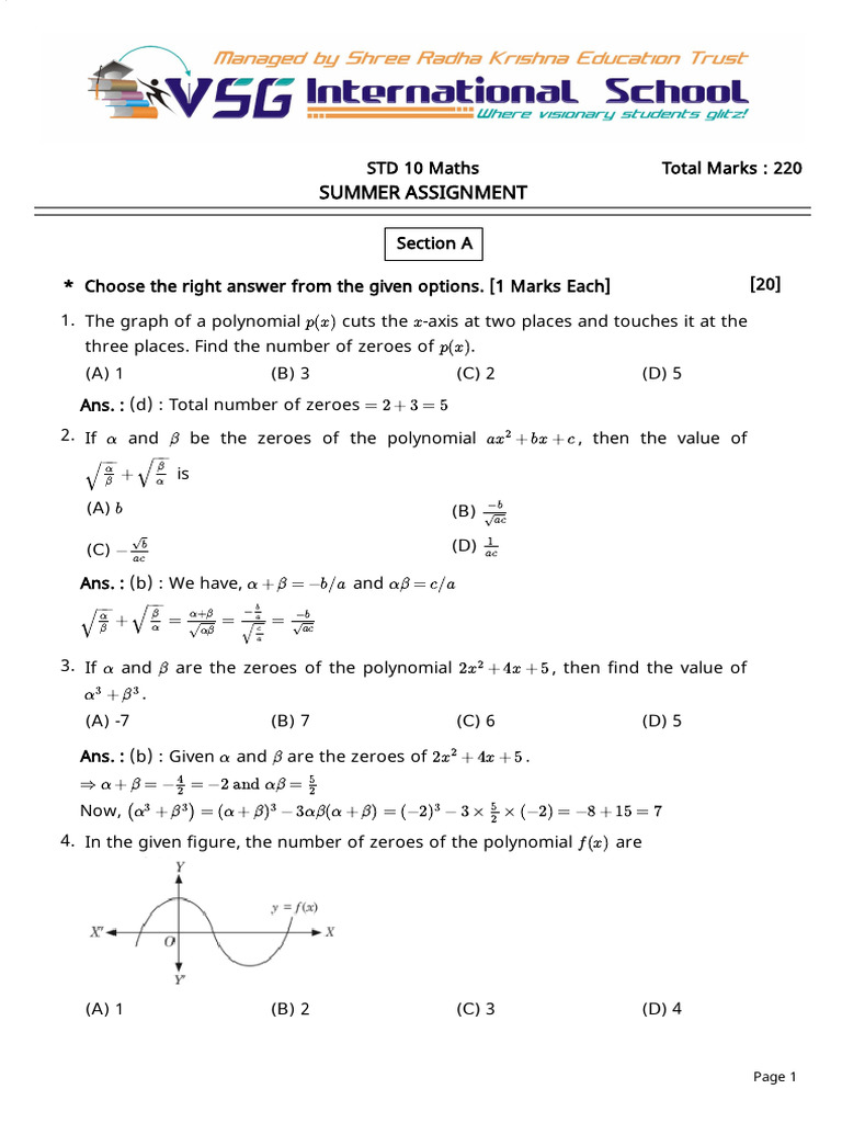 10 Summer Assignment - Solution | PDF | Quadratic Equation | Zero Of A ...
