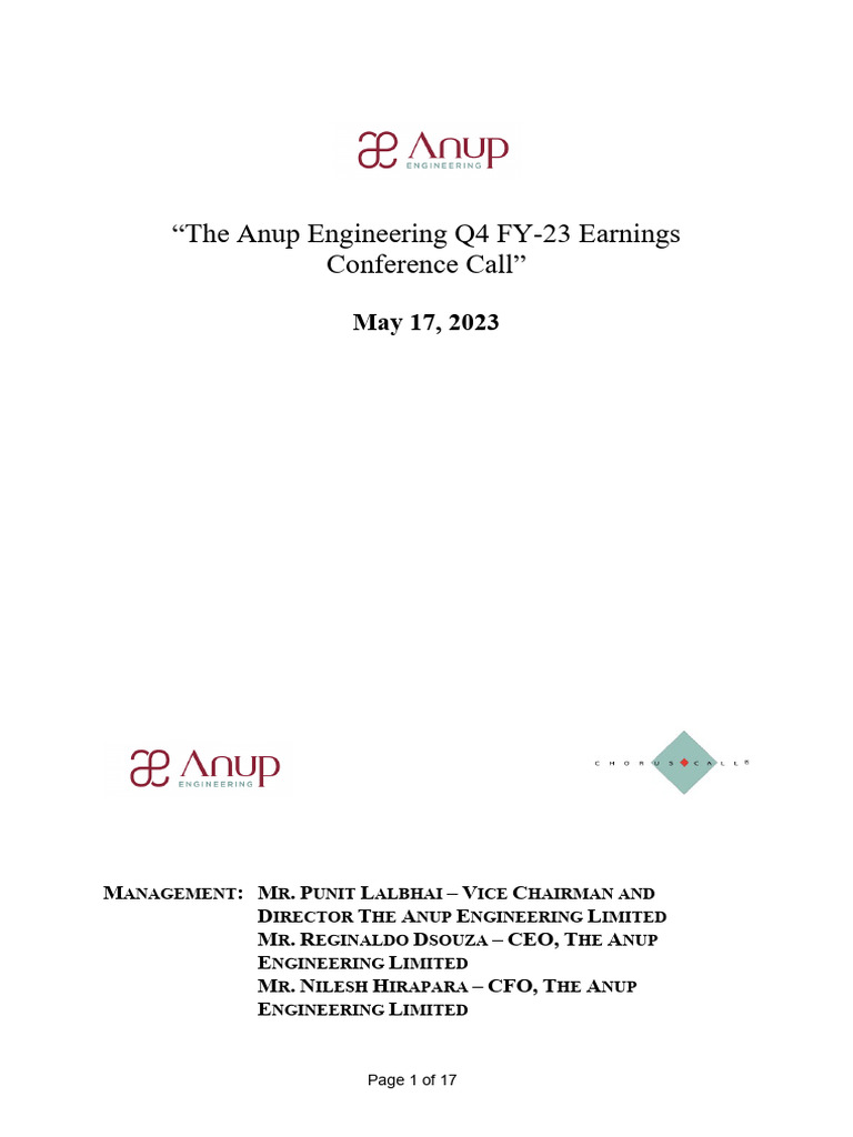 Earning Call Transcript of Q4 and FY 2023 On 17.05.2023 | PDF ...