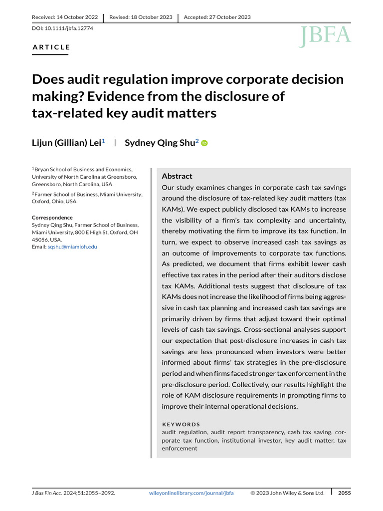 Lei, L., & Shu, S. Q. (2024) . | PDF | Audit | Taxes
