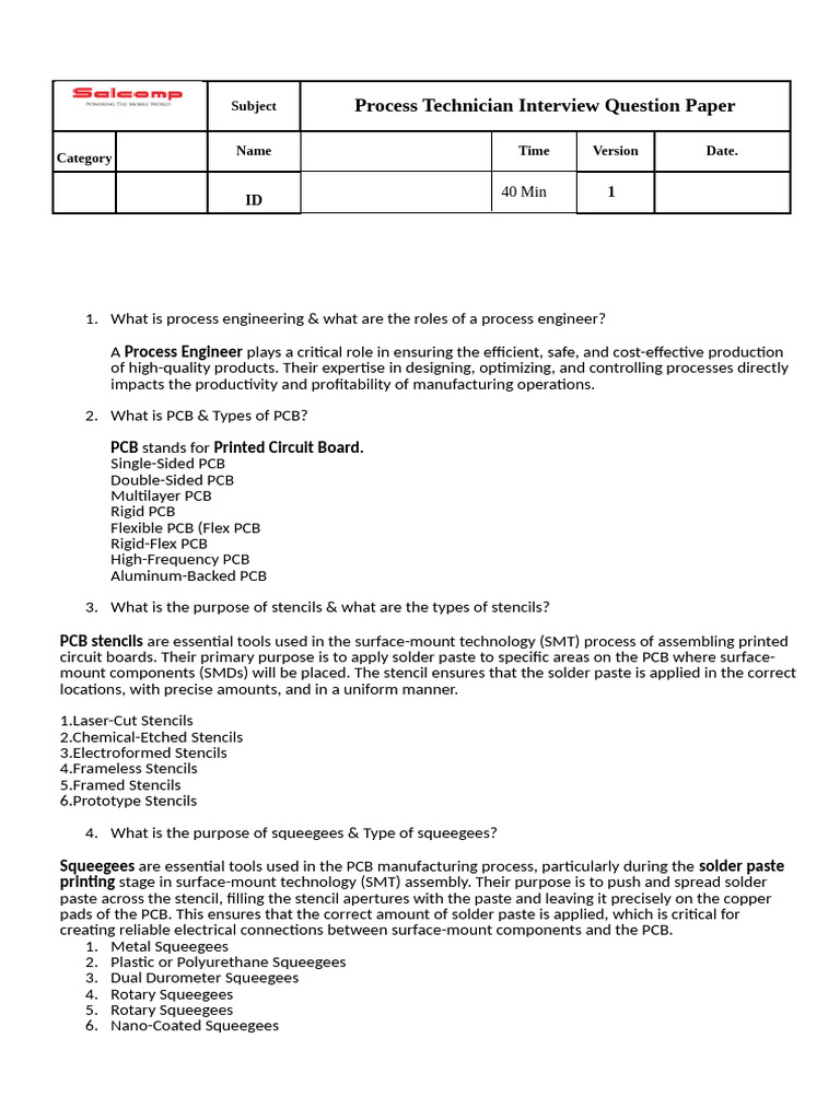 Process Technician Interview Guide | PDF | Soldering | Printed Circuit ...