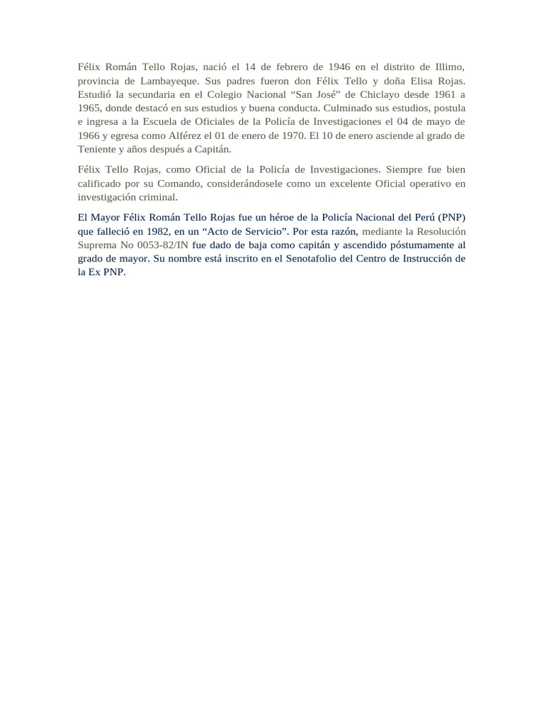 BIOGRAFIA - Félix Román Tello Rojas | PDF