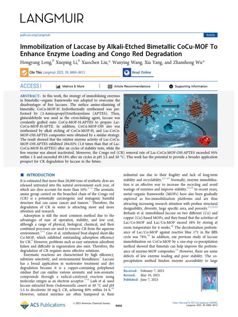 Long Et Al 2023 Immobilization of Laccase by Alkali Etched Bimetallic Cocu Mof To Enhance Enzyme ...