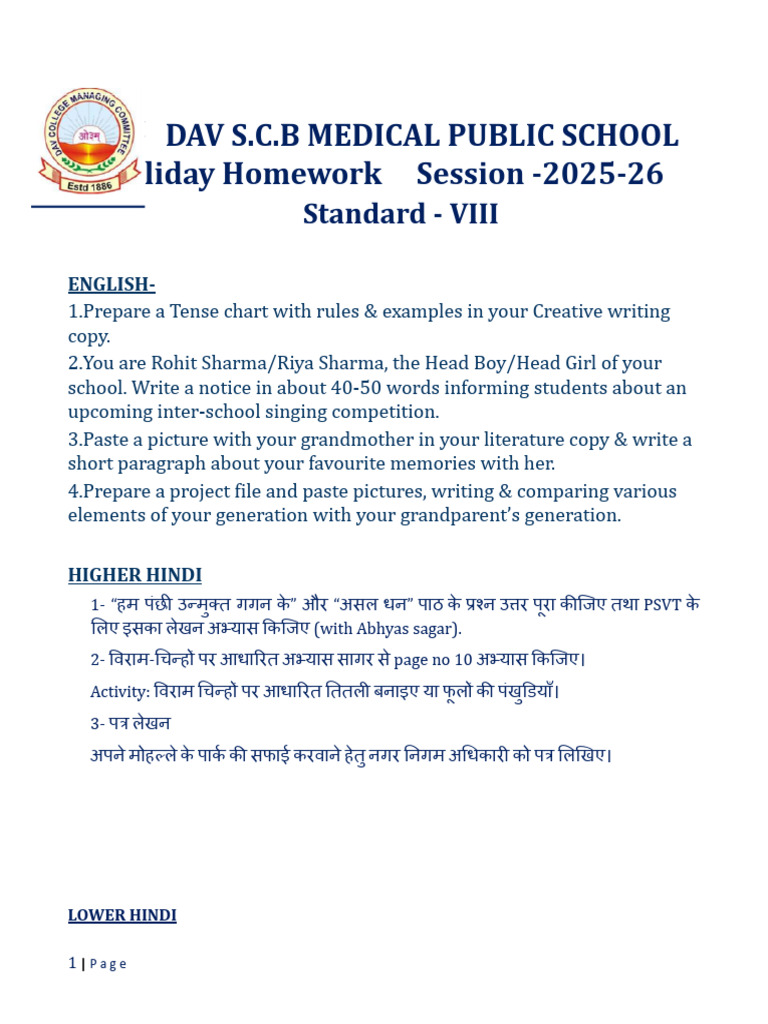 Holiday Homework - STD - VIII | PDF