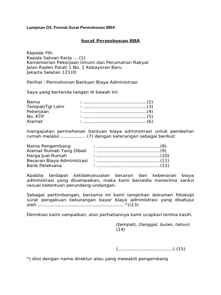 Lampiran D3. Format Surat Permohonan BBA | PDF