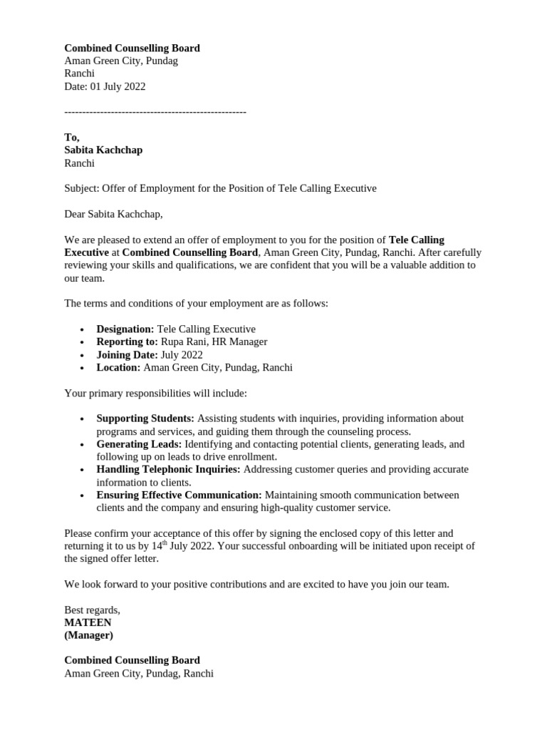 Tele Calling Executive Job Offer Letter | PDF