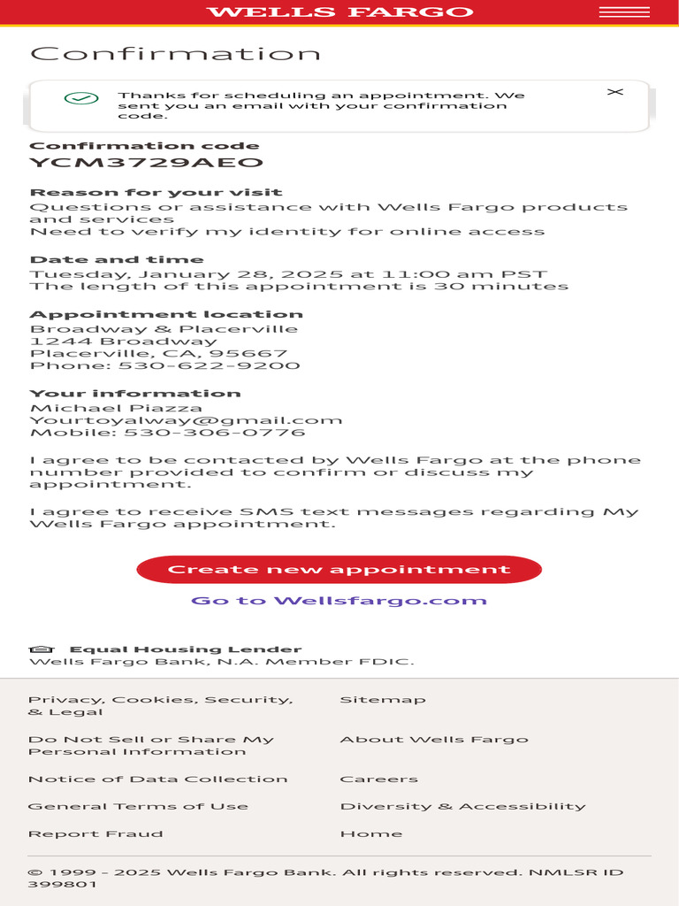 Wells Fargo Appointment Confirmation | PDF