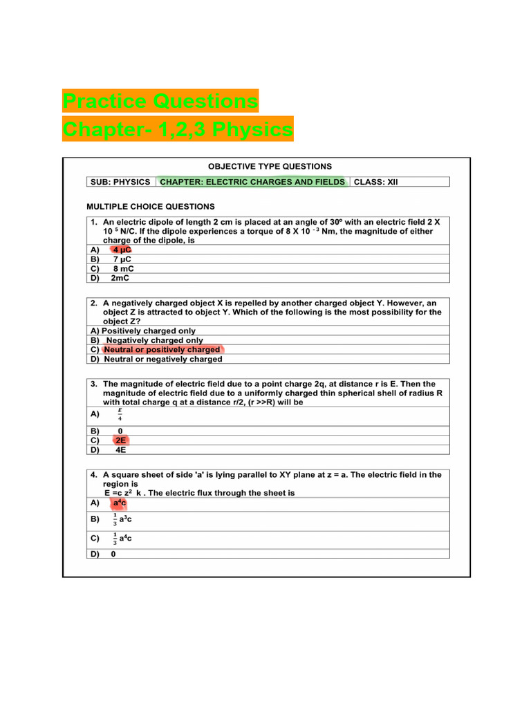 CH 1,2,3 Class 12 Questions + Answers | PDF | Capacitor | Capacitance