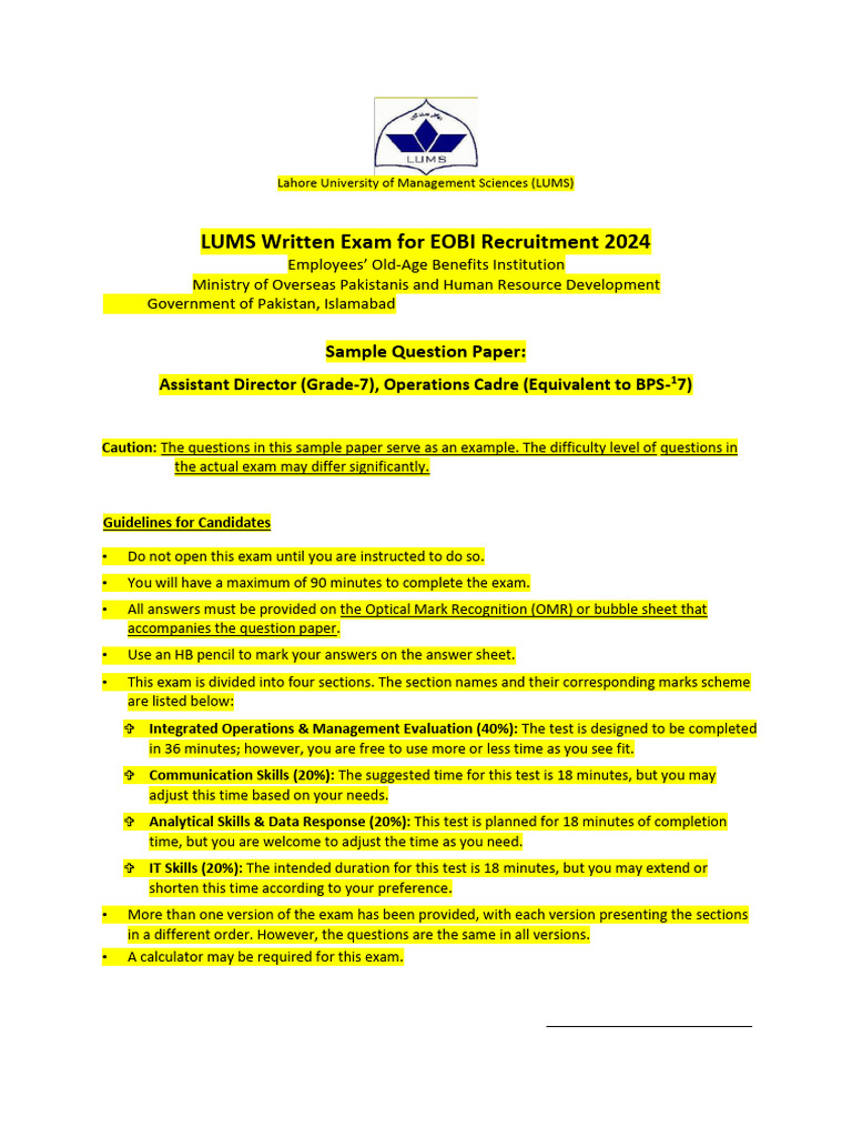 2-Sample Question Paper Assistant Director Operations Cadre Khalil - 222 | PDF | Sampling ...