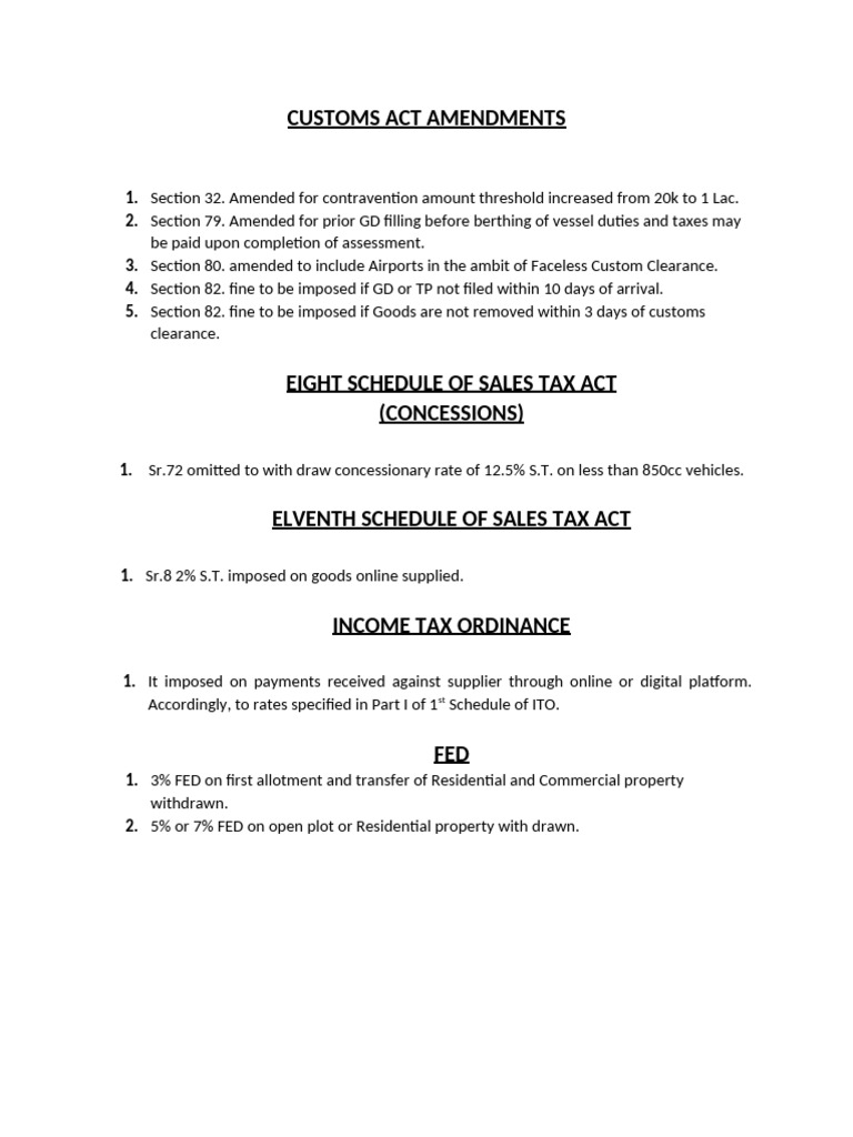 Customs Act and Tax Amendments Overview | PDF