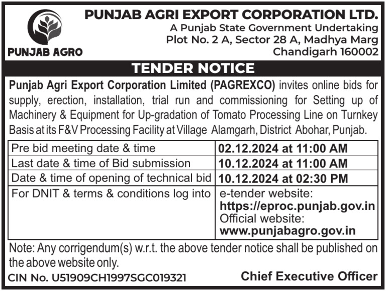 Tender Notice for Tomato Processing Upgrade | PDF