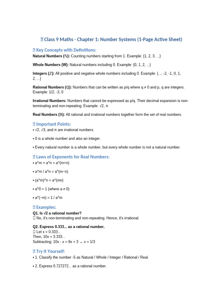 Class9 Maths Ch1 NumberSystems ActivePage | PDF