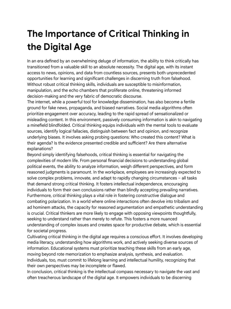 The Importance of Critical Thinking in The Digital Age | PDF | Critical ...