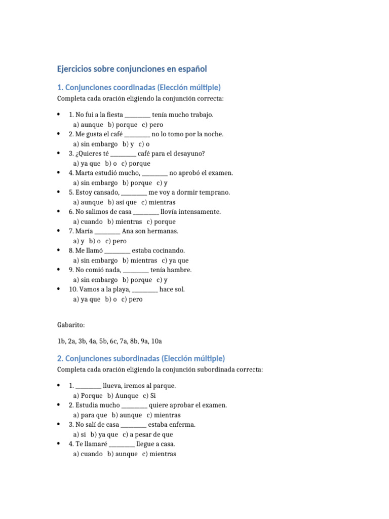 Ejercicios de Conjunciones en Español | PDF