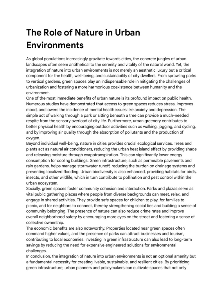 The Role of Nature in Urban Environments | PDF | Green Infrastructure ...